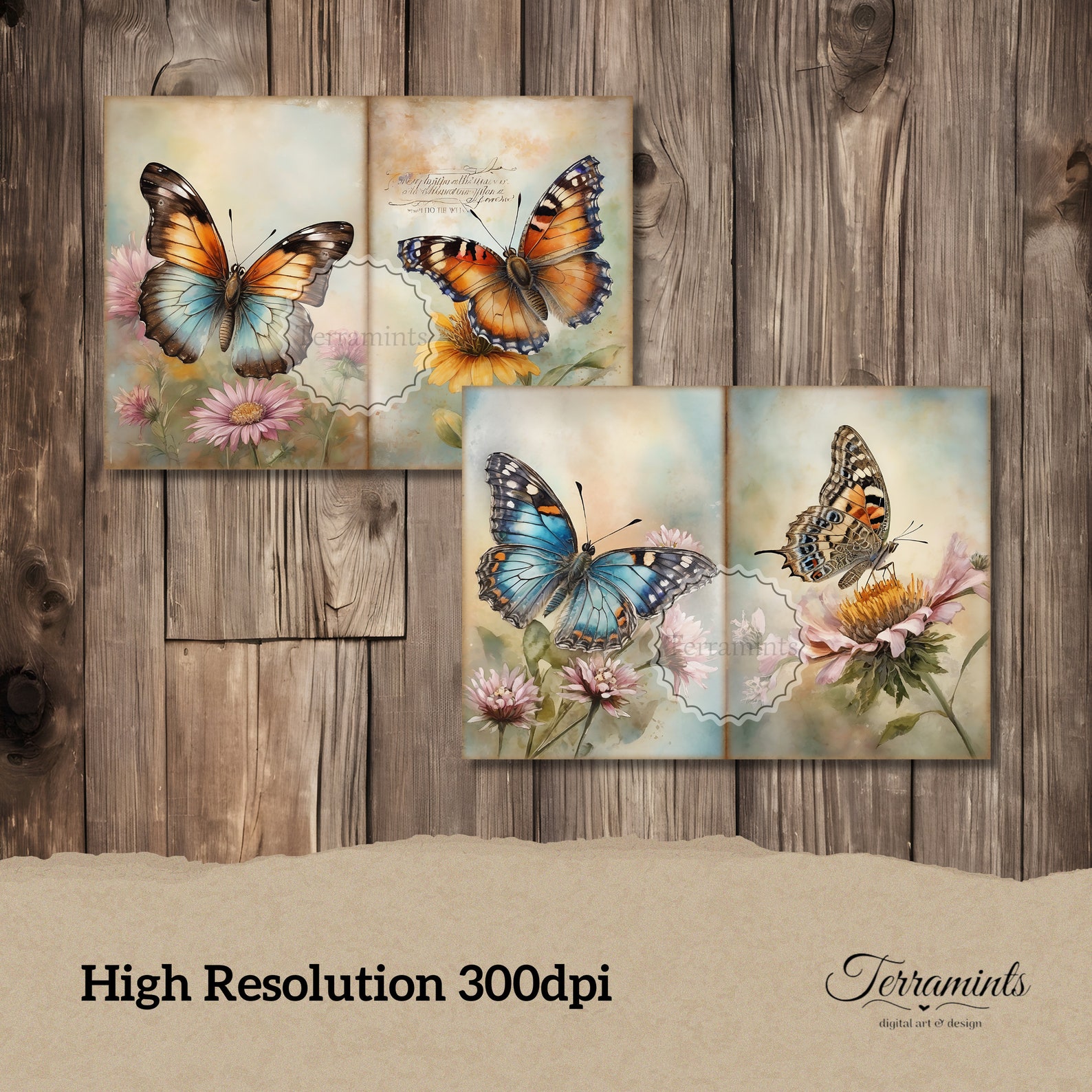 14 Butterflies on Rustic Background A4 Printable Jpeg High Resolution ...