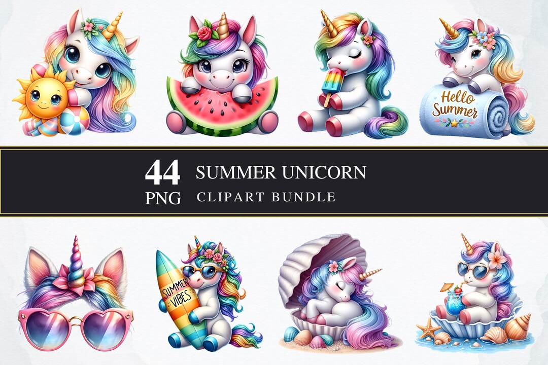 Summer Unicorn | Clipart PNGS | Commercial | Printable Graphics | Card ...