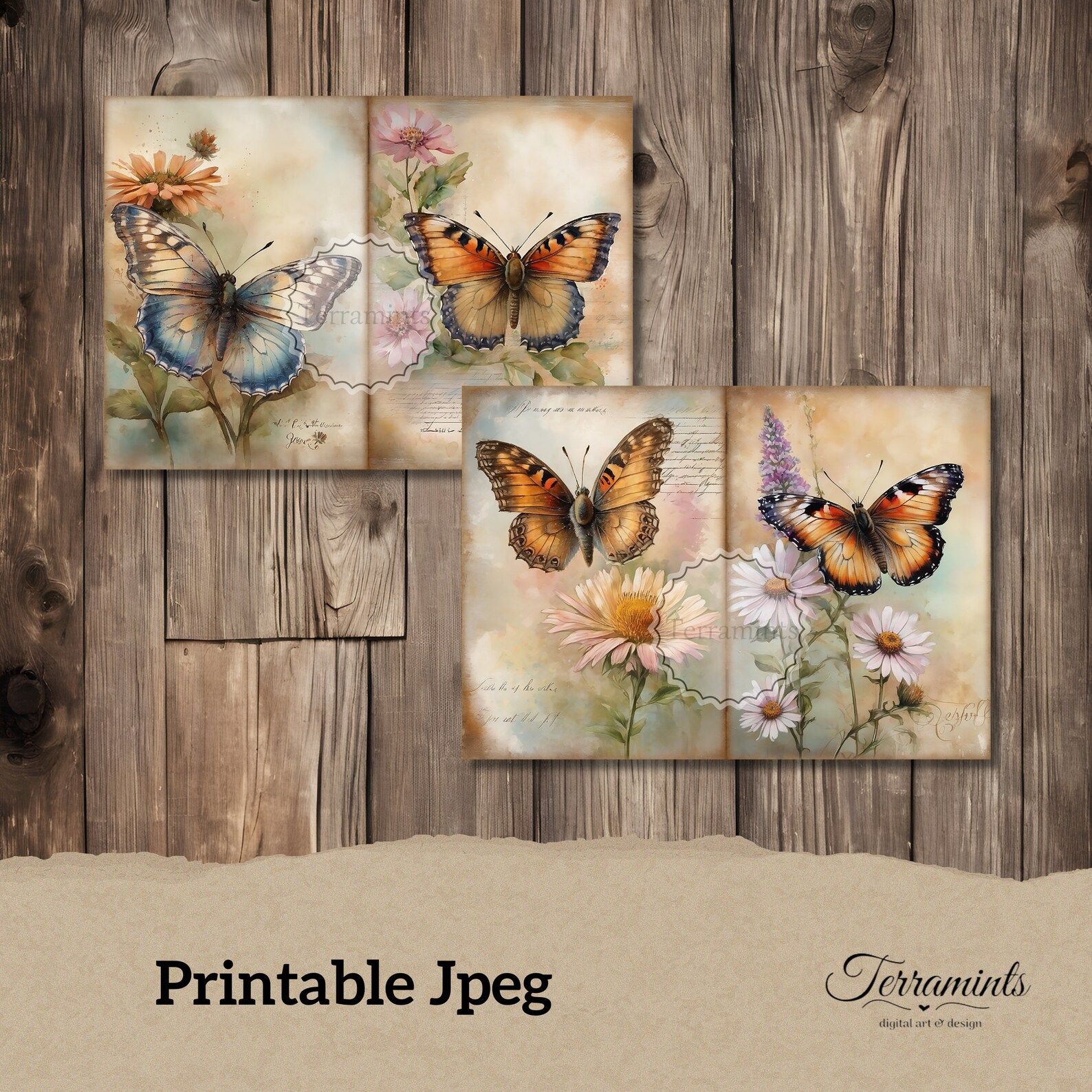 14 Butterflies on Rustic Background A4 Printable Jpeg High Resolution ...