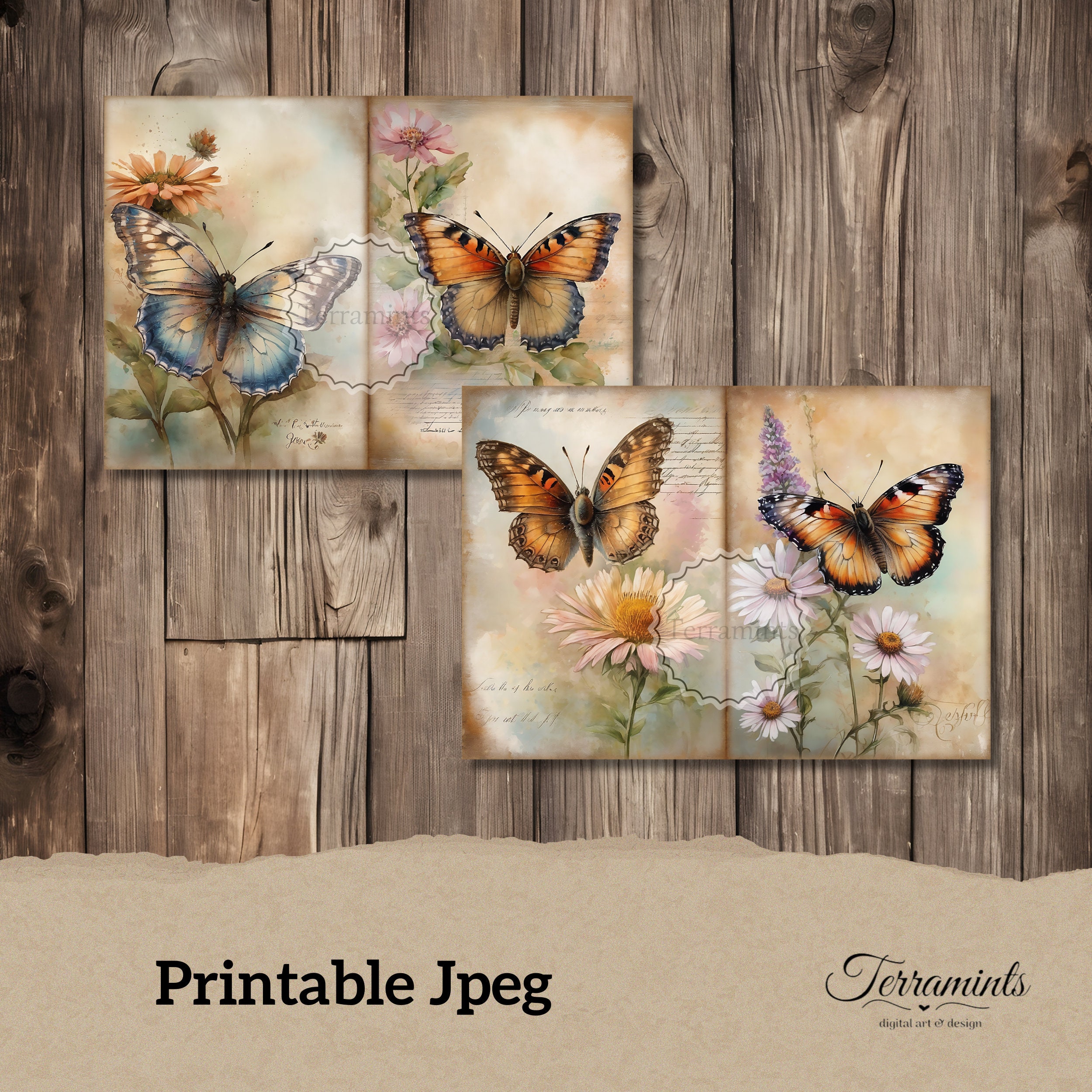 14 Butterflies on Rustic Background A4 Printable Jpeg High Resolution ...