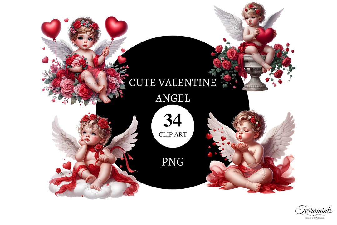 Cute Valentine Angel Clipart PNGS Commercial Printable Graphics Card ...
