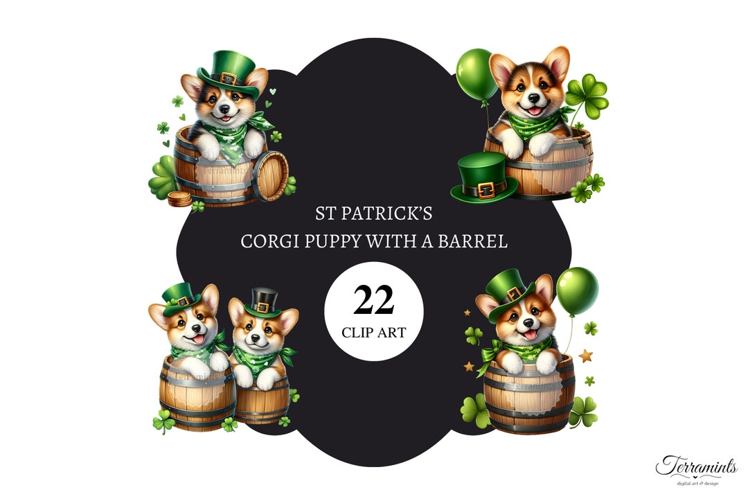 22 St Patricks Corgi Puppy With a Barrel Clip Art Transparent ...