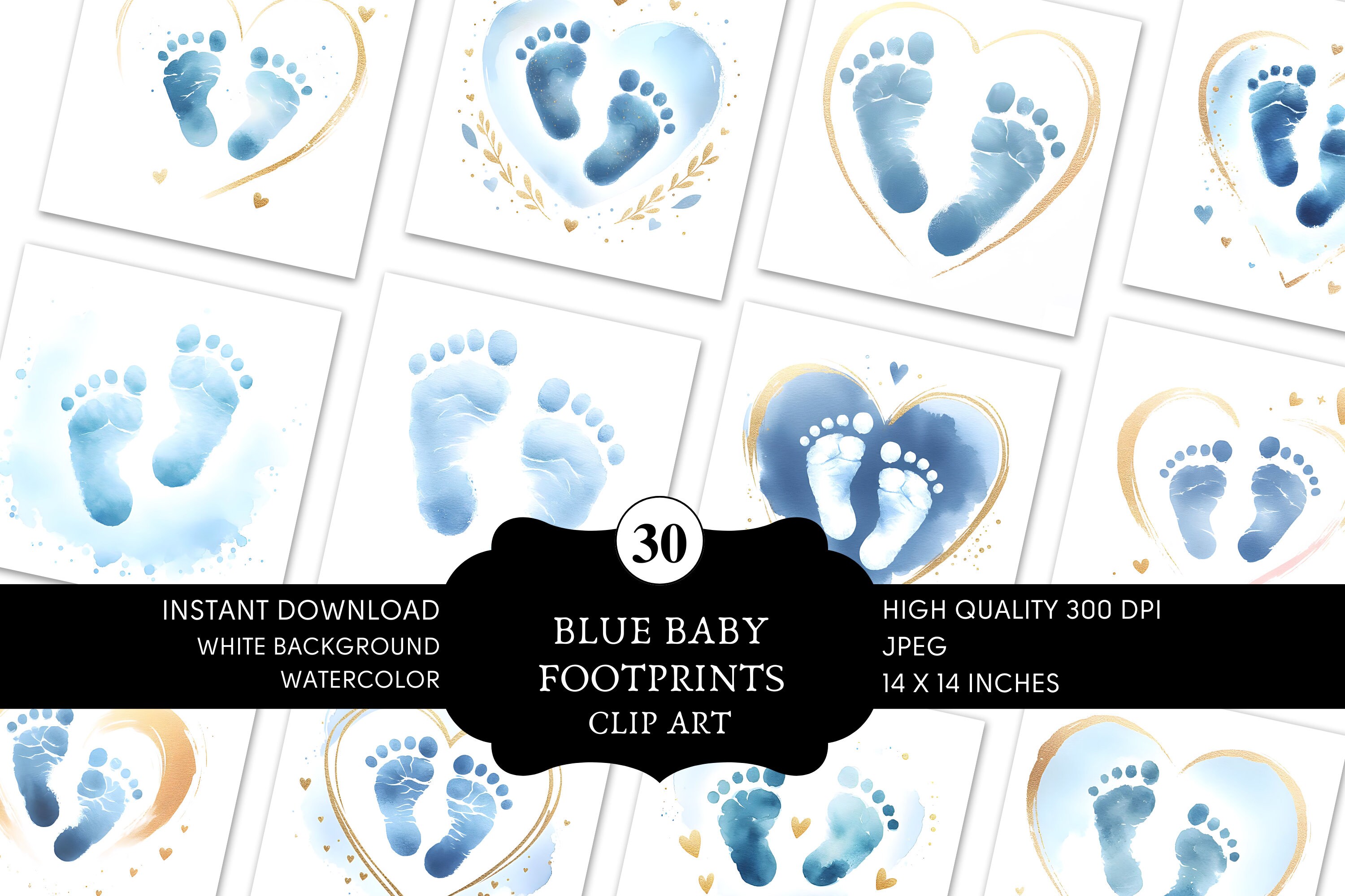 30 Blue Baby Footprint Clipart Watercolor High Quality JPEG Printable ...