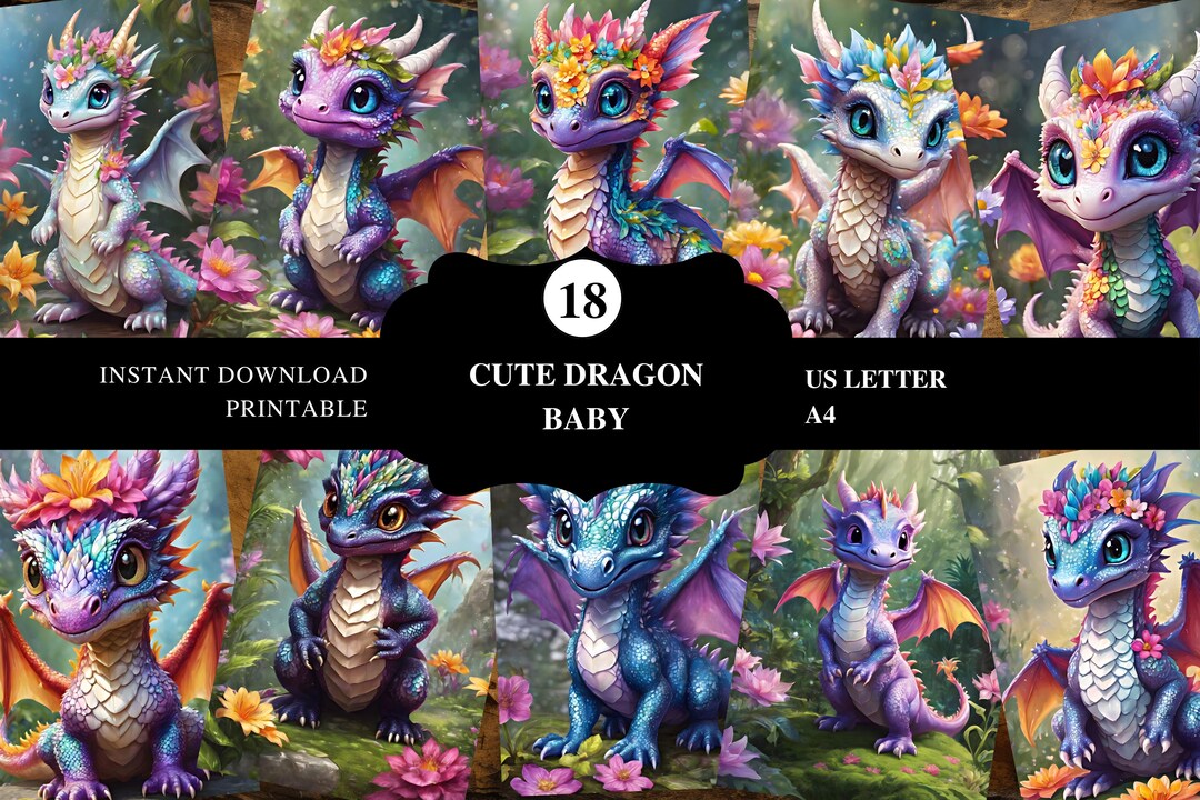 Cute Dragon Baby US Letter & A4 Printable Digital Paper Decoupage ...