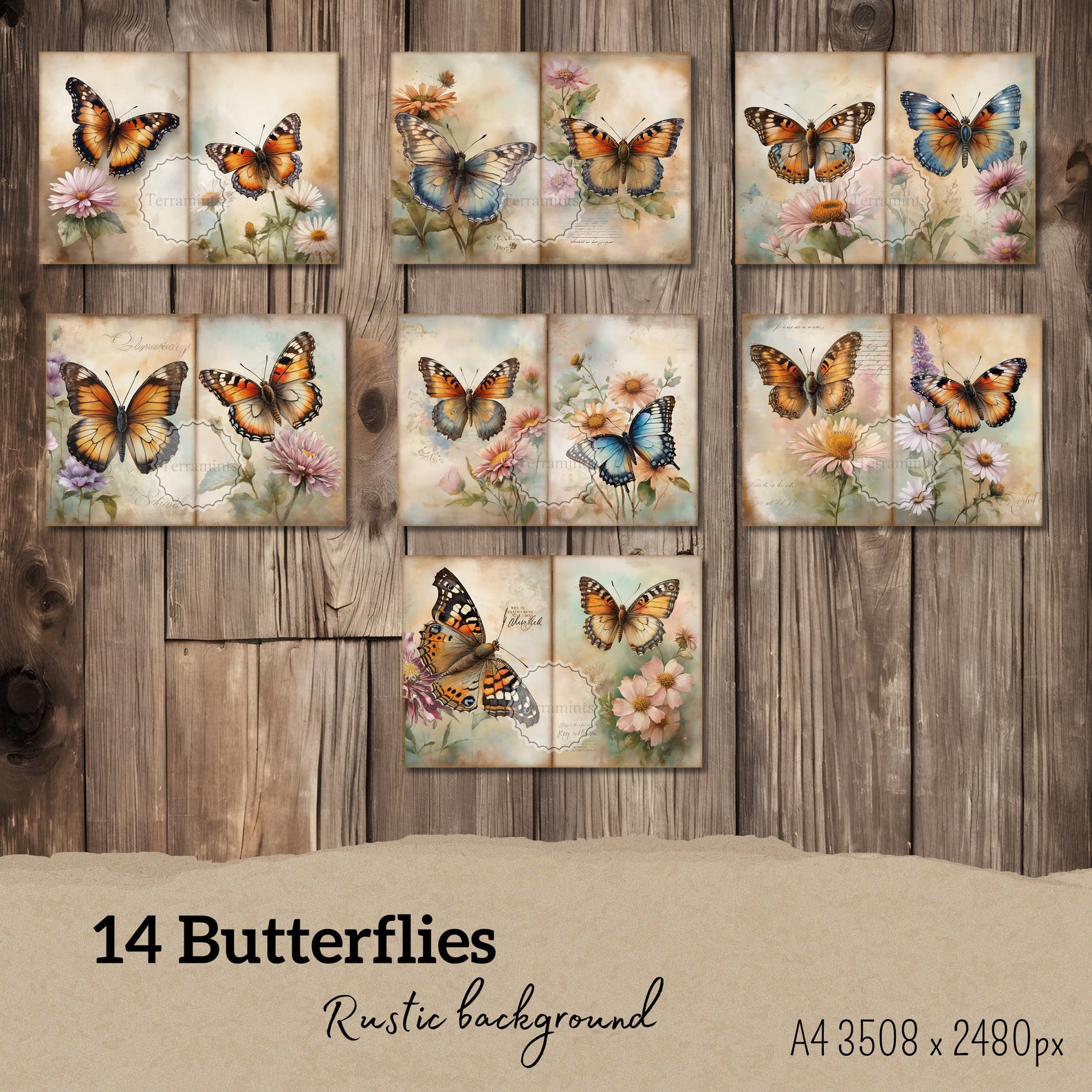 14 Butterflies on Rustic Background A4 Printable Jpeg High Resolution ...