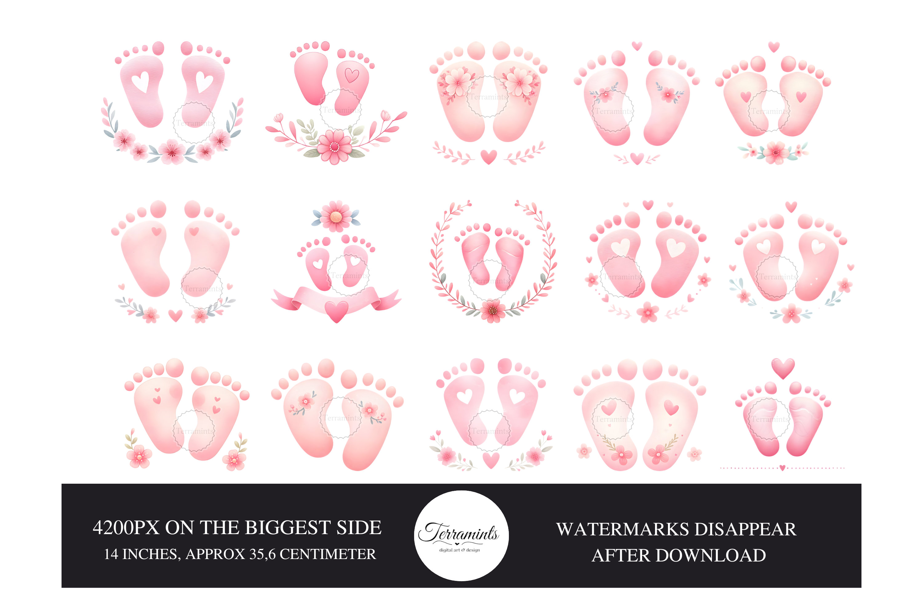 41 Baby Girl Footprint Clipart PNG Commercial Printable Card Making ...