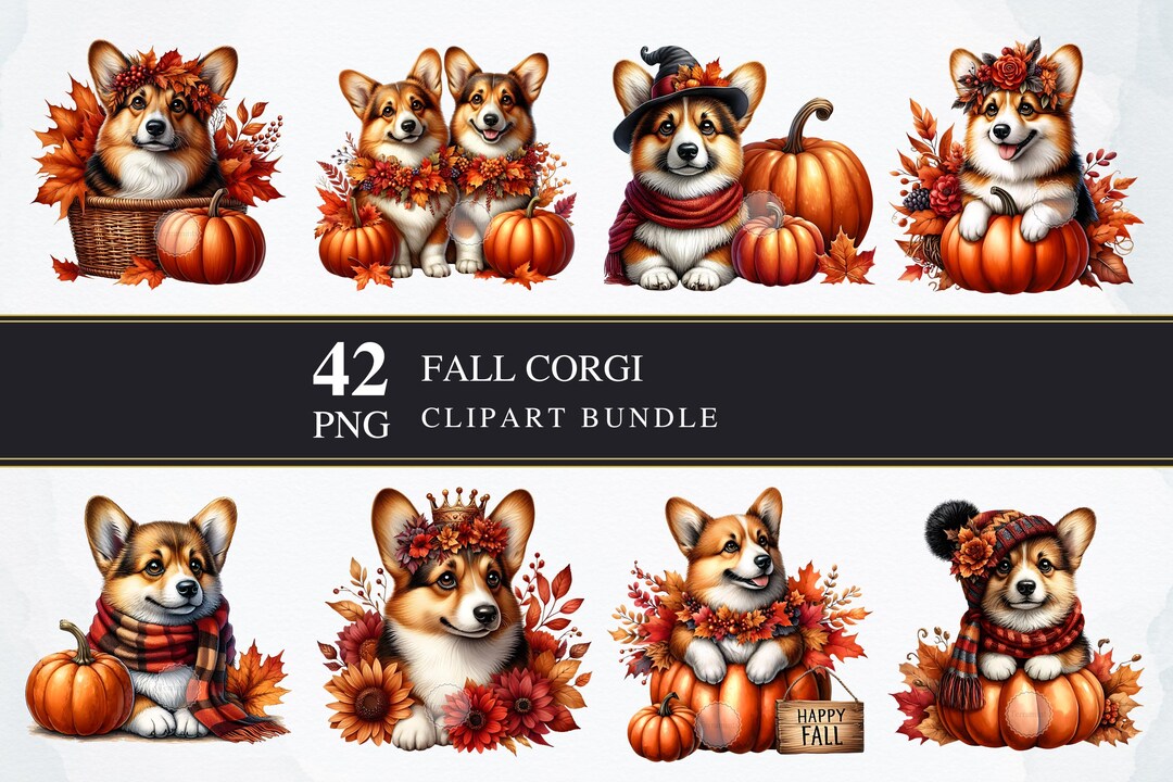 Fall Corgi | Clipart PNGS | Commercial | Corgi Pembroke Graphics | Card ...