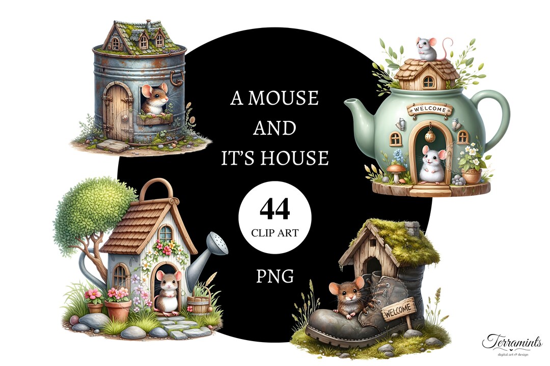 44 Mouse and It's House Clipart PNG Commercial Printable Card Making ...