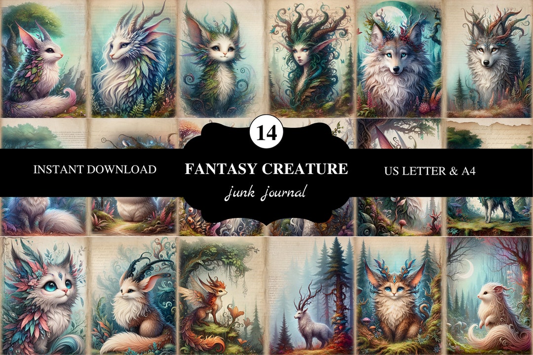 14 Fantasy Creature Junk Journal Pages US Letter & A4 Printable Paper ...