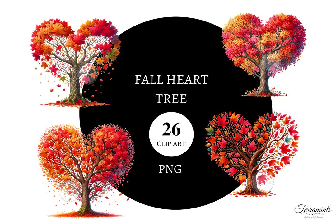 Fall Heart Tree Clipart PNGS Commercial Printable Graphics Card Making ...