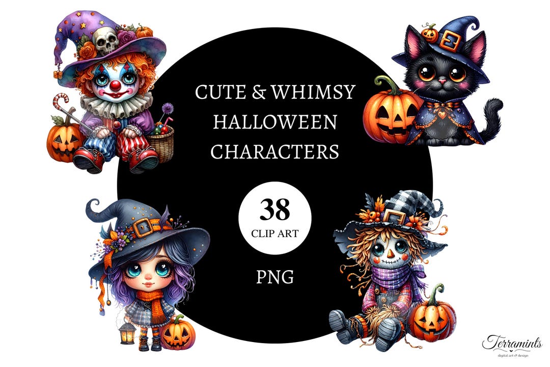 Cute & Whimsy Halloween Characters Clipart PNGS Commercial Printable ...