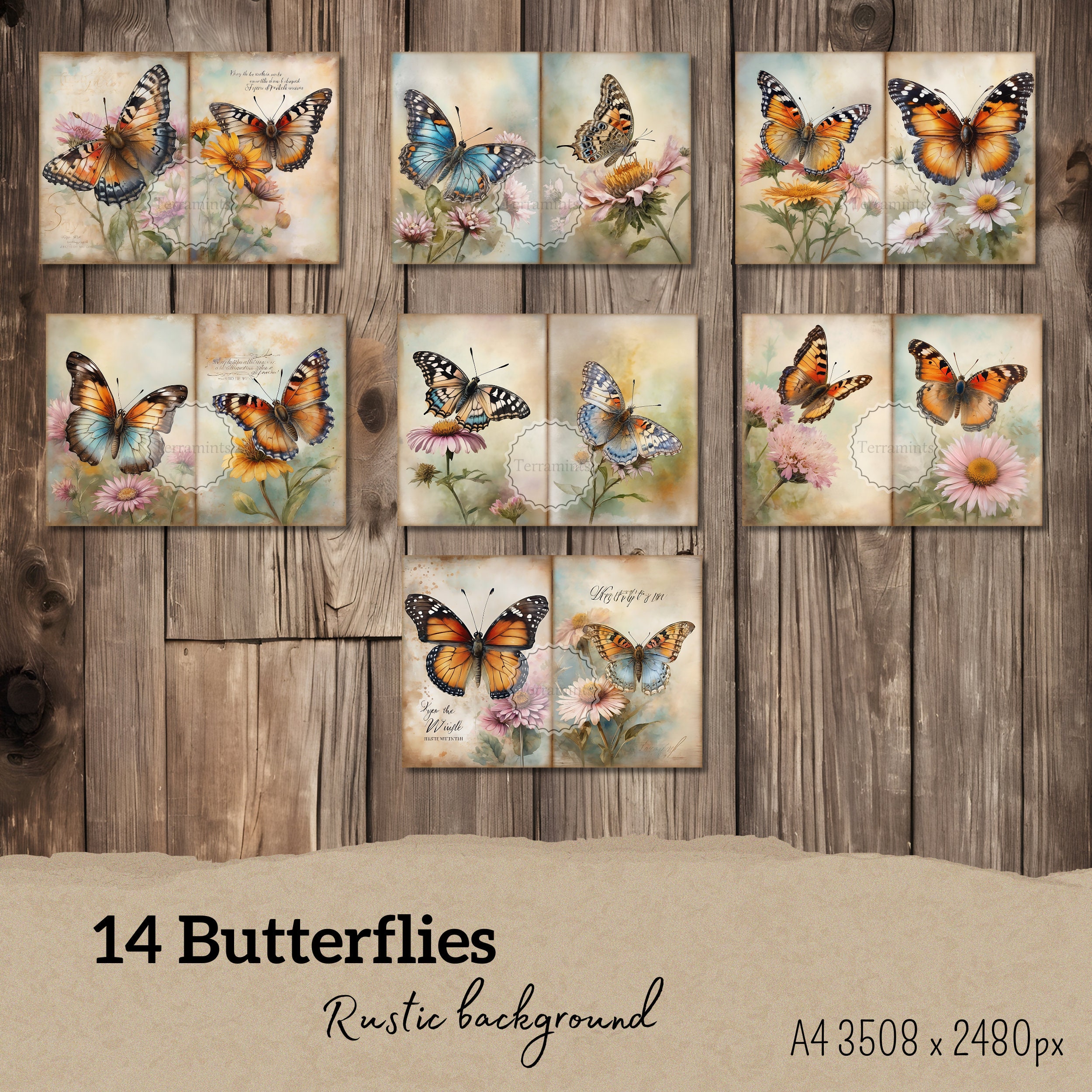 14 Butterflies on Rustic Background A4 Printable Jpeg High Resolution ...