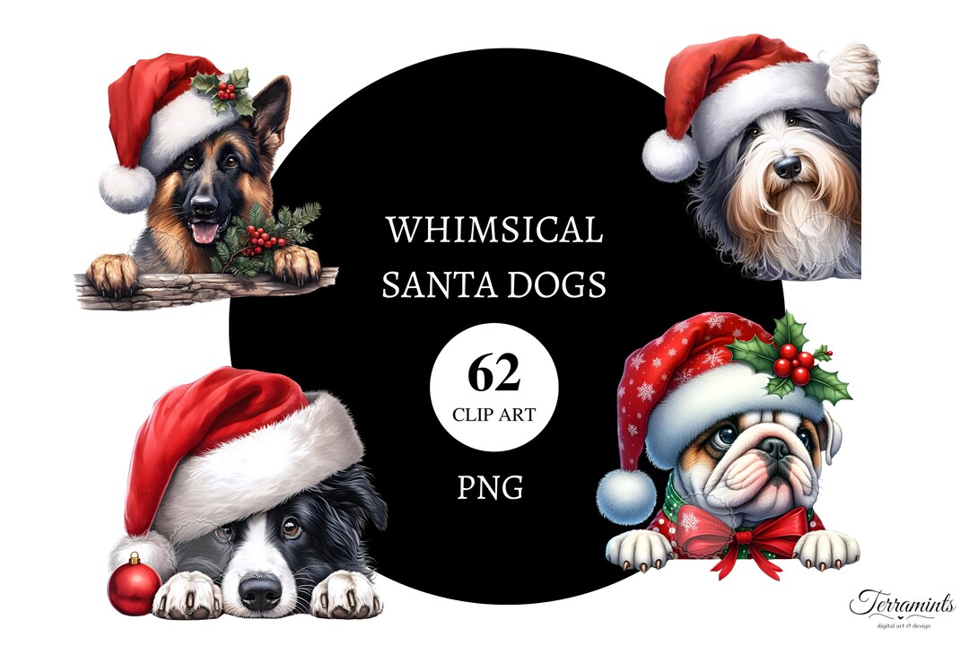 Whimsical Santa Dog Clipart PNGS Commercial Printable Graphics Card ...