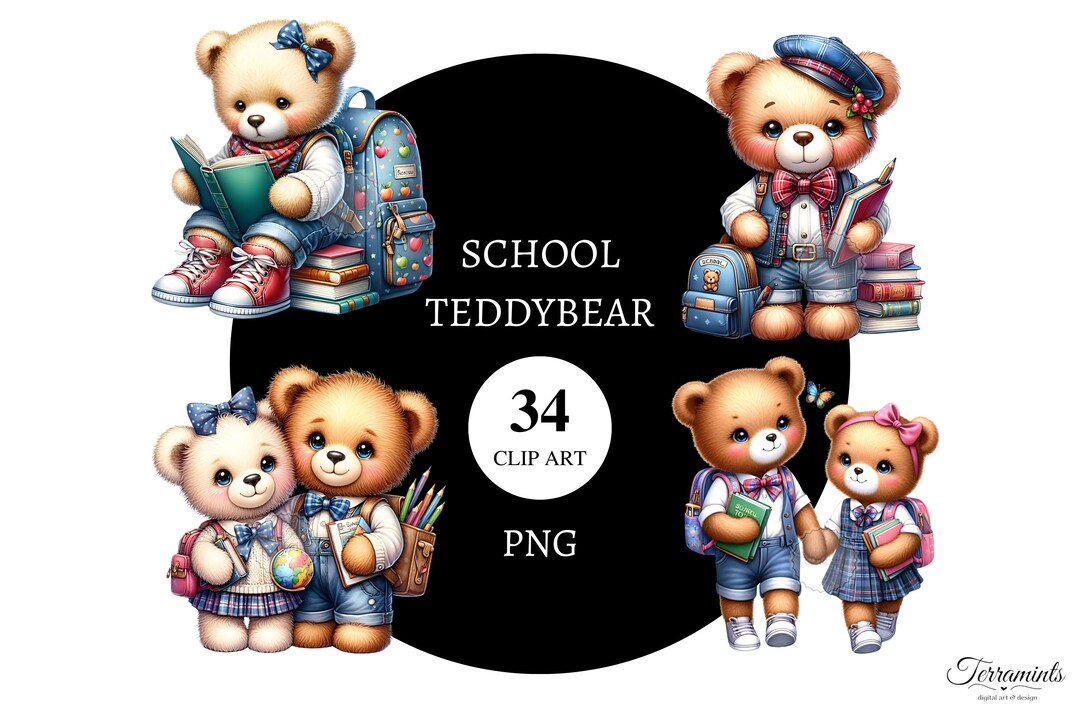 School Teddybear Clipart PNGS Commercial Printable Graphics Card Making ...