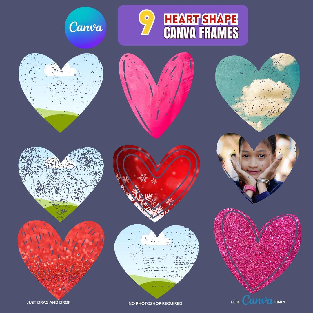 9 Heart Shape Canva Frames – Editable Digital Templates for Photos ...