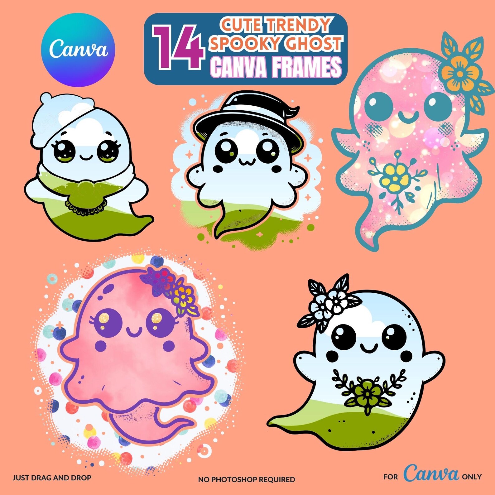 14 Cute Trendy Spooky Ghost Canva Frames, Adorable Kawaii Ghost Clipart ...