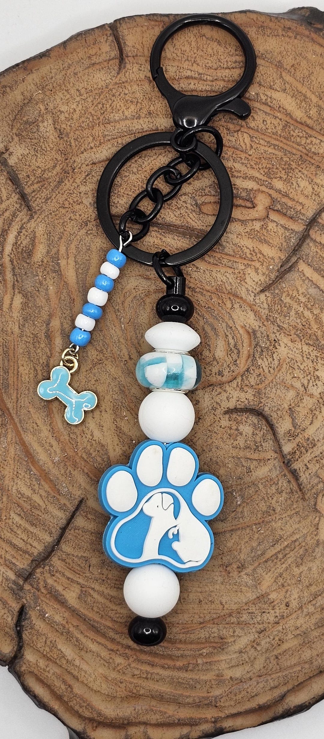 Blue Paw Print Keychain: Beaded Dog Bone Charm, Dog Lover Gift - Etsy