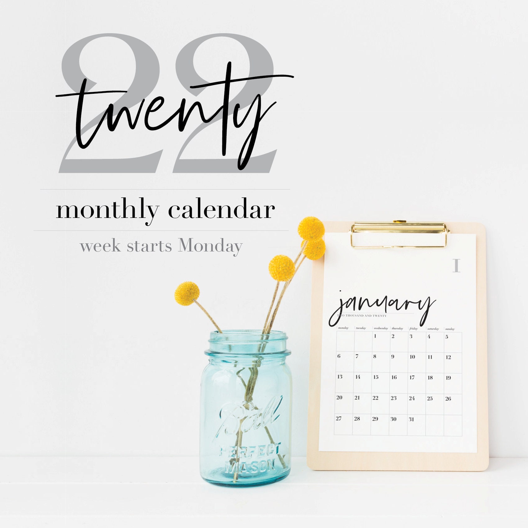 PRINTABLE 2022 CALENDAR (week Starting Monday) With Modern Typography ...