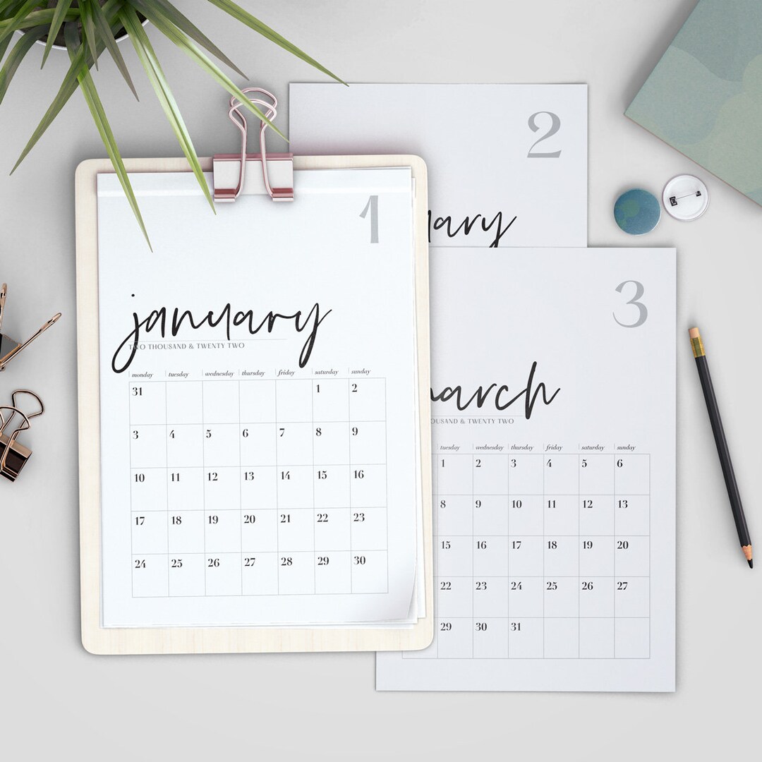 PRINTABLE 2022 CALENDAR (week Starting Monday) With Modern Typography ...