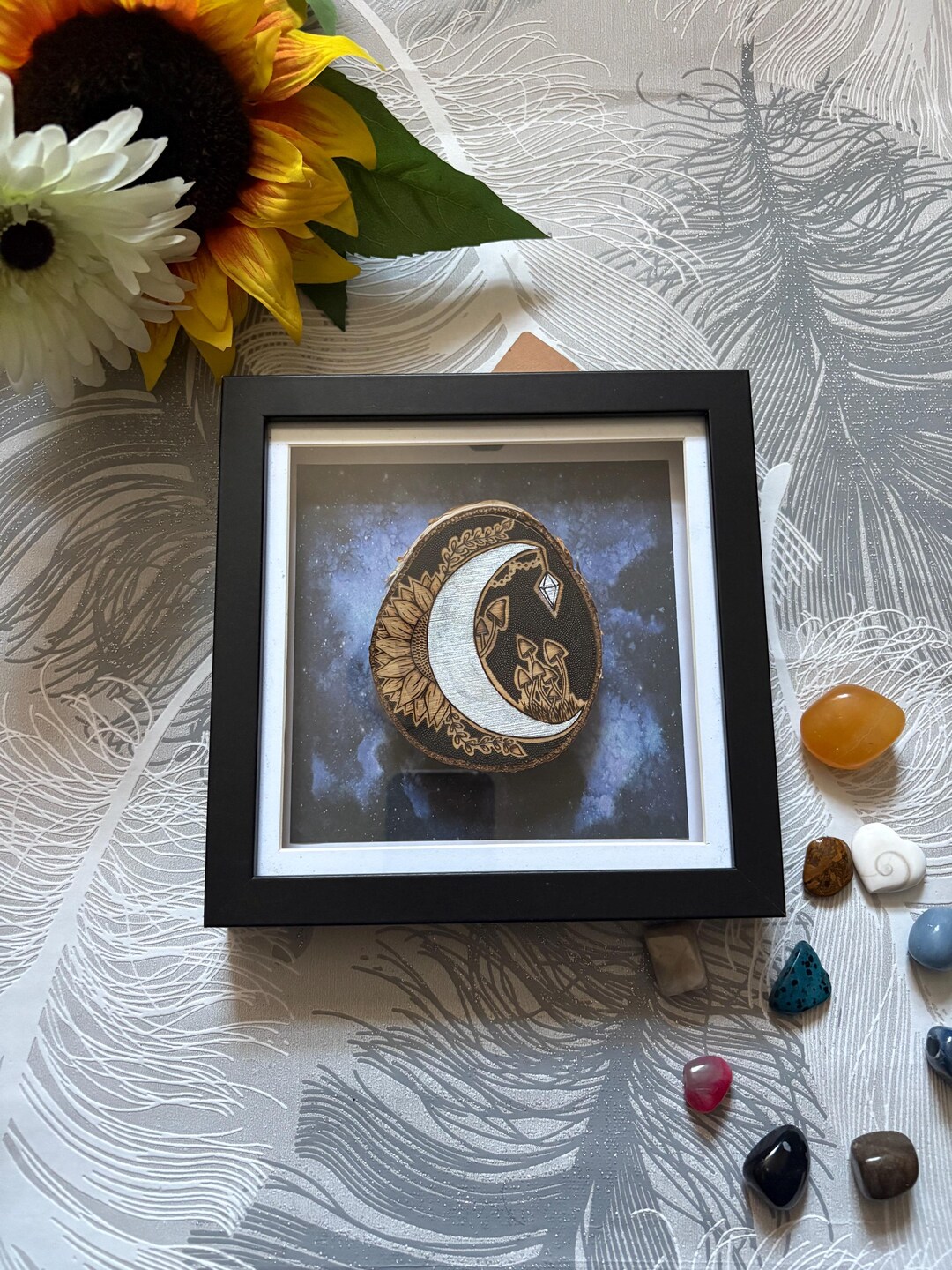 Framed Pyrography Art Moon Art Sunflower Woodburned Art Unique Art ...