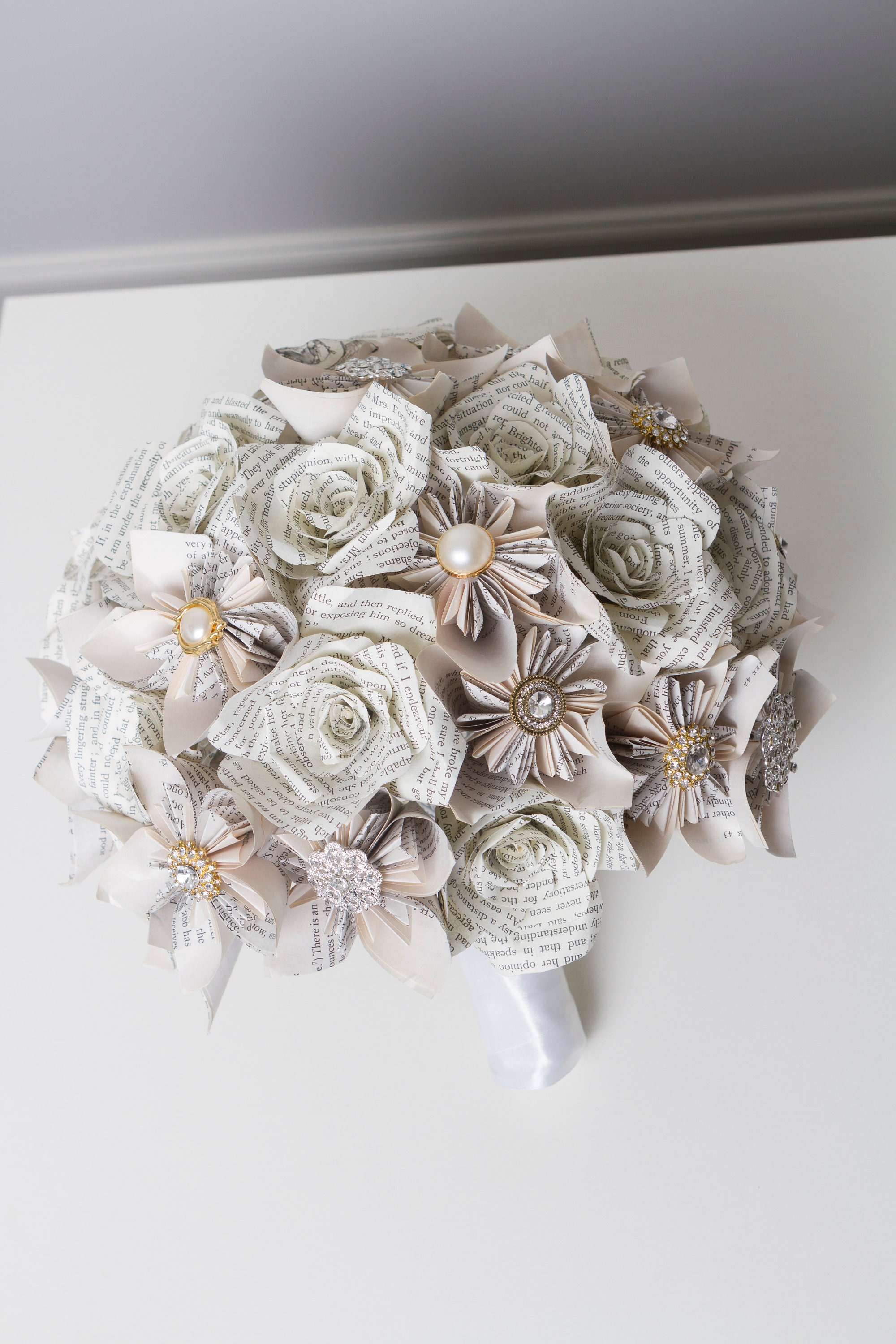 Book Page Paper Flower Bouquet With Sparkly Crystal Centres. | Etsy