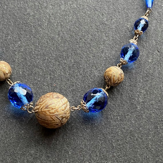 Art Deco Blue Glass Necklace Vintage Blue Glass Neck Gem