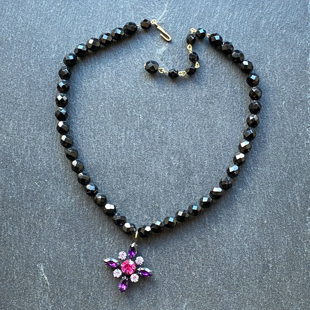 OOAK Vintage French Jet Bead Necklace With Purple Rhinestone Pendant ...