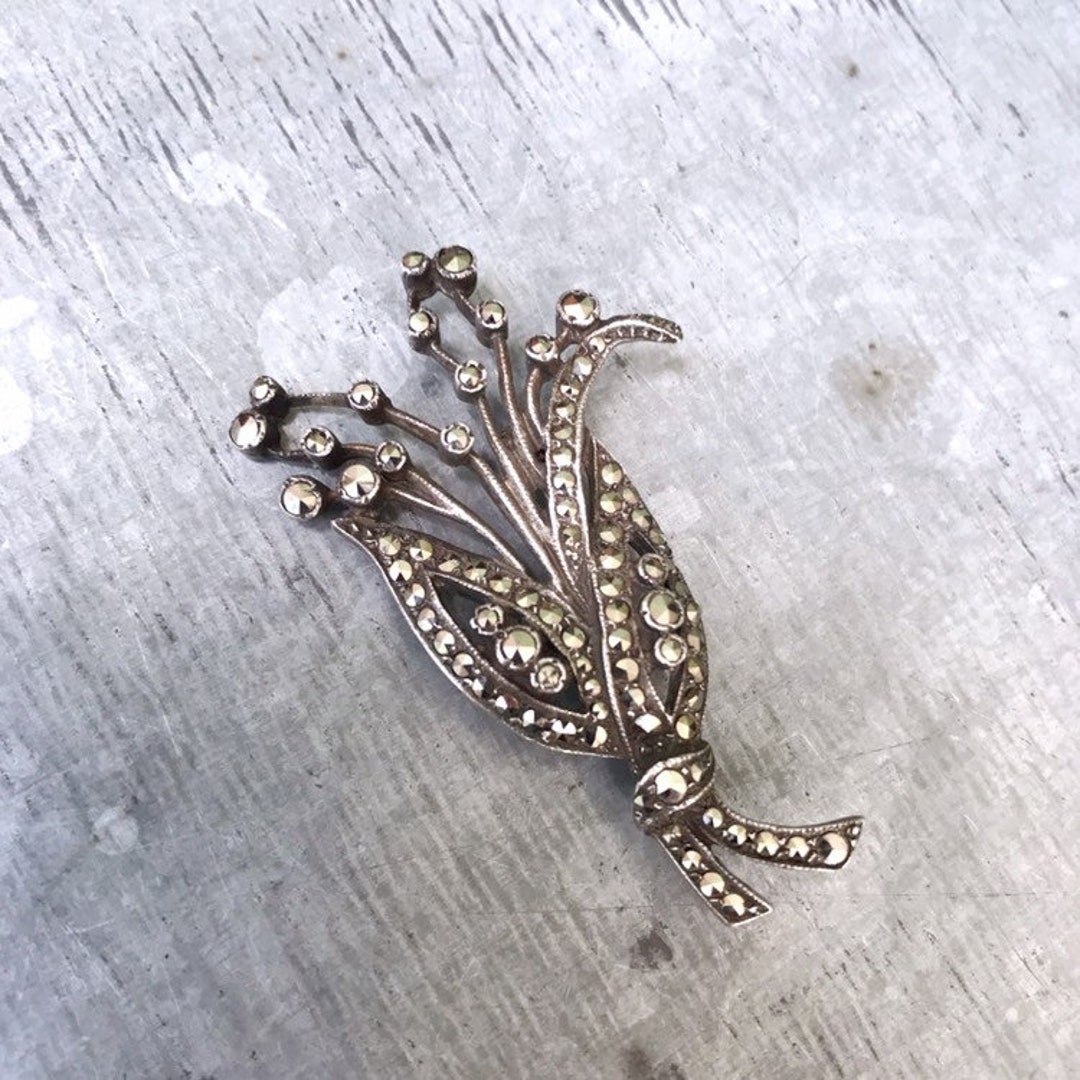 SILVER and Marcasite Brooch, Floral Marcasite Brooch, Art Deco Brooch ...