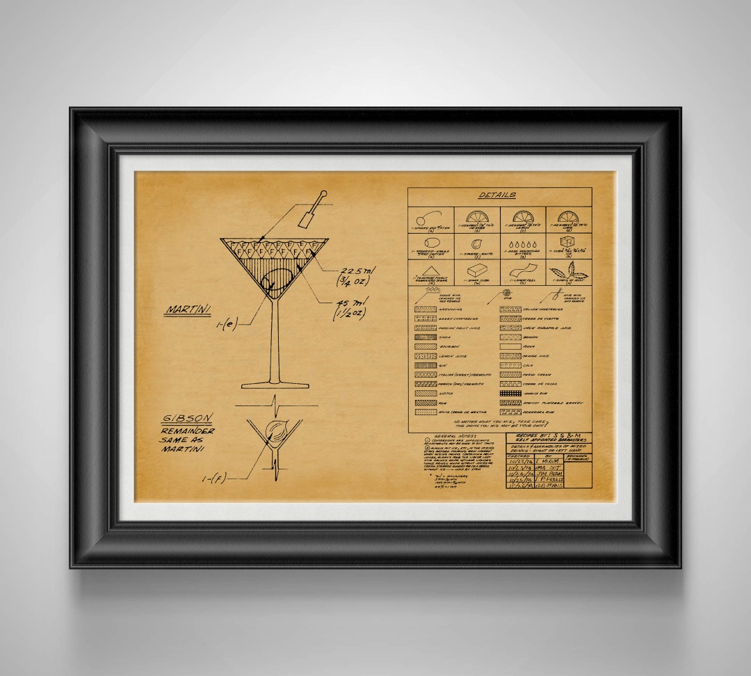 Martini Blueprint Art Retro Cocktail Poster Mid Century Modern Bar ...