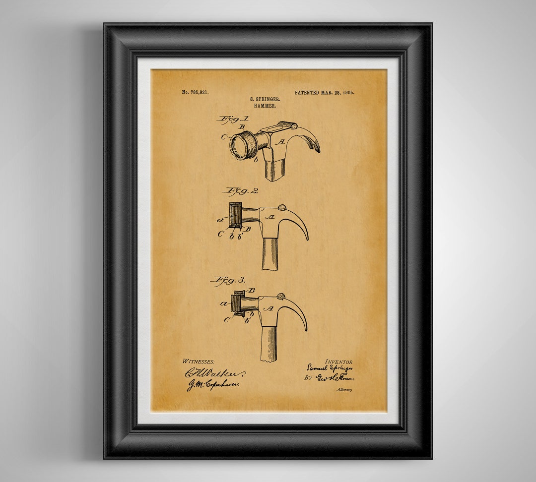 Vintage Hammer Patent Print Mechanic Gifts Hand Tools Patent Work Shop ...