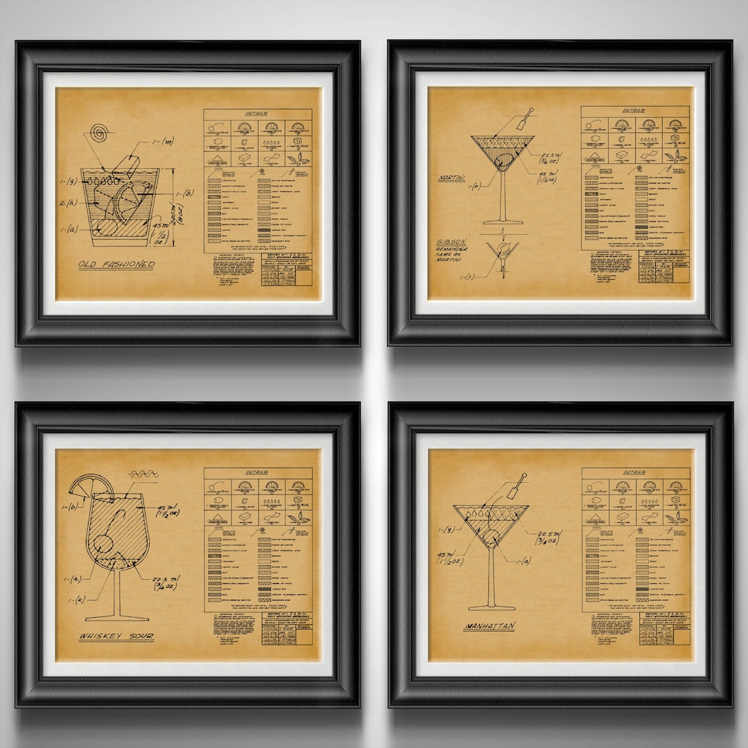 Blueprint Cocktail Construction Art Prints (set of 4) Old Fashioned ...