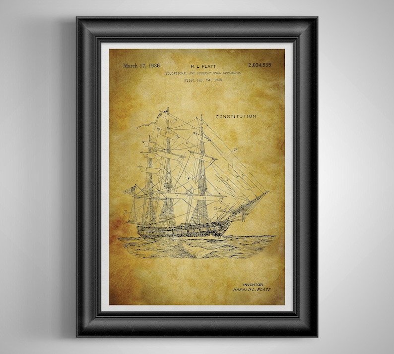 Navy Schooner Patent Print Maritime Wall Art Nautical Decor Coastal ...