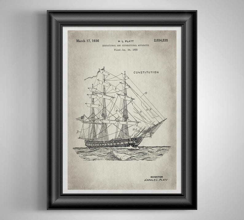 Navy Schooner Patent Print Maritime Wall Art Nautical Decor Coastal ...