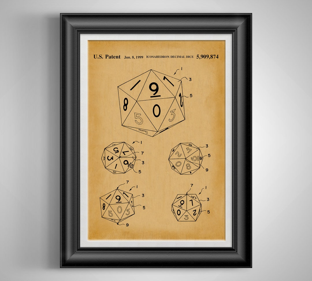 Vintage 20 Sided Dice Patent Wall Art for Gamers - Dnd Dungeons and ...