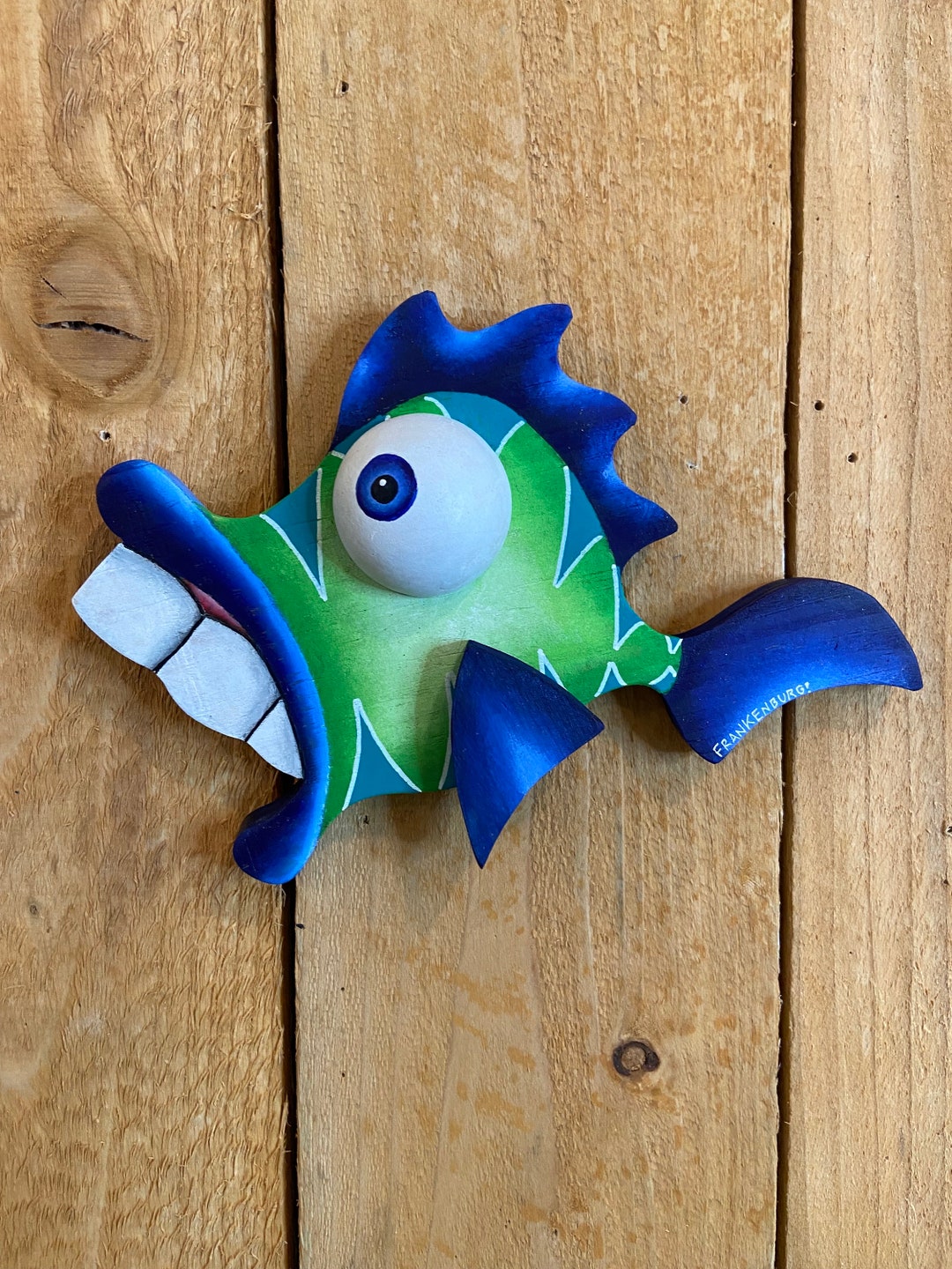 June Jeevers. Small Wooden Fish Art, Repurposed Art, Blue and Green Art ...