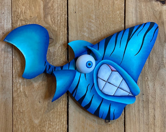 Action Shark! Wooden Shark, Shark Art, Whimsical Fish Art, Blue Shark ...