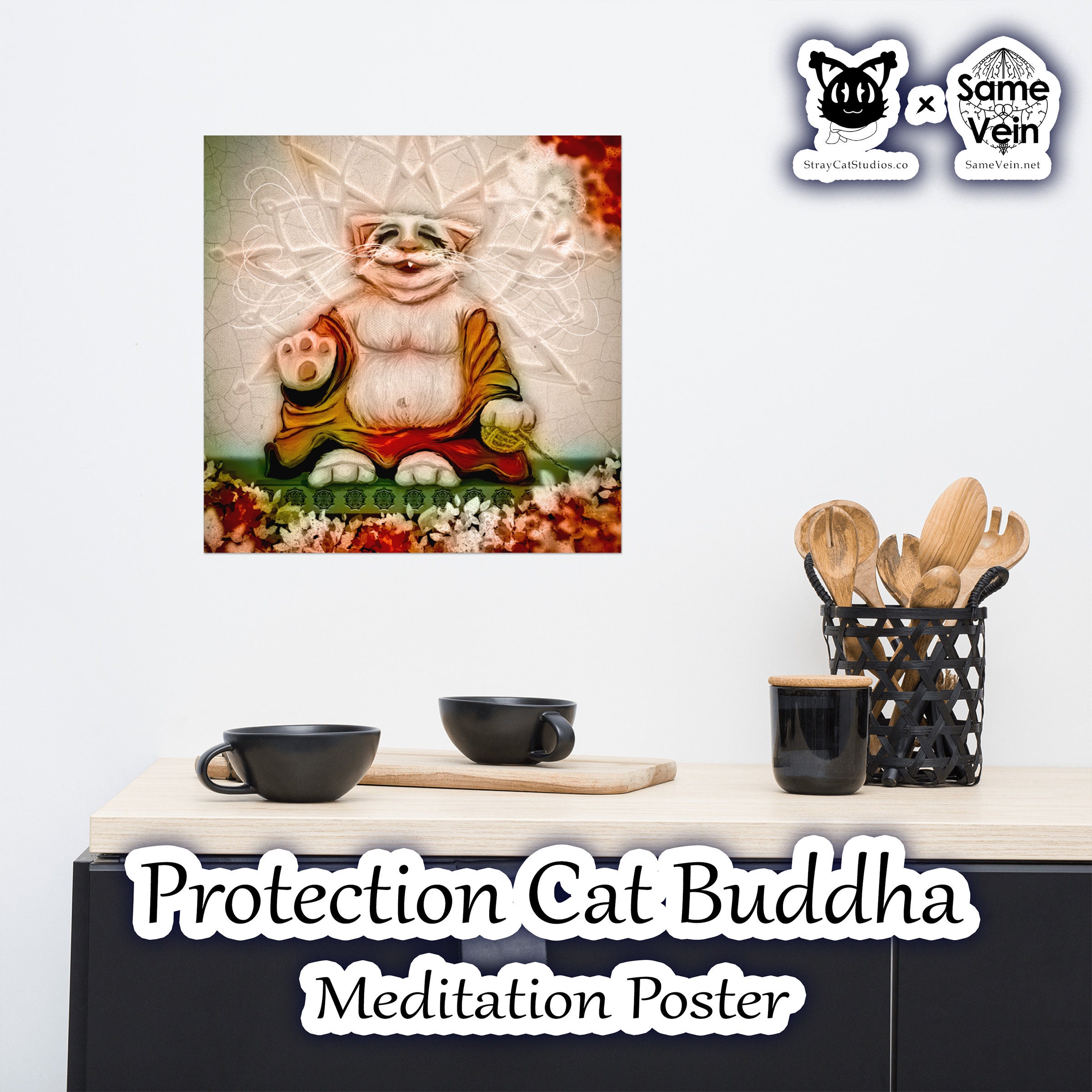 Protection Cat Buddha Meditation Poster Zen Wall Art Print Sacred ...