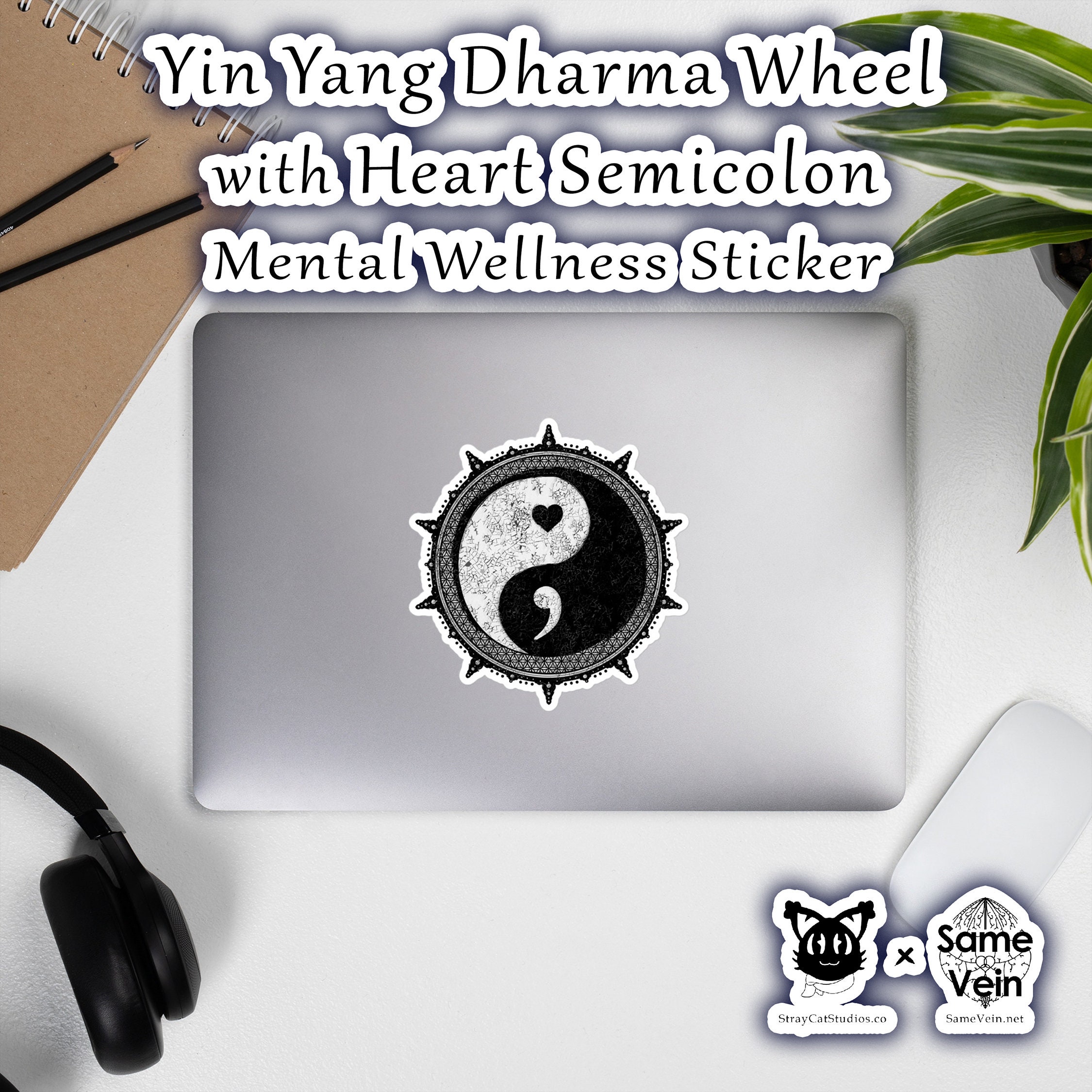 Yin Yang Dharma Wheel Heart Semicolon Mental Wellness Sticker Sacred ...