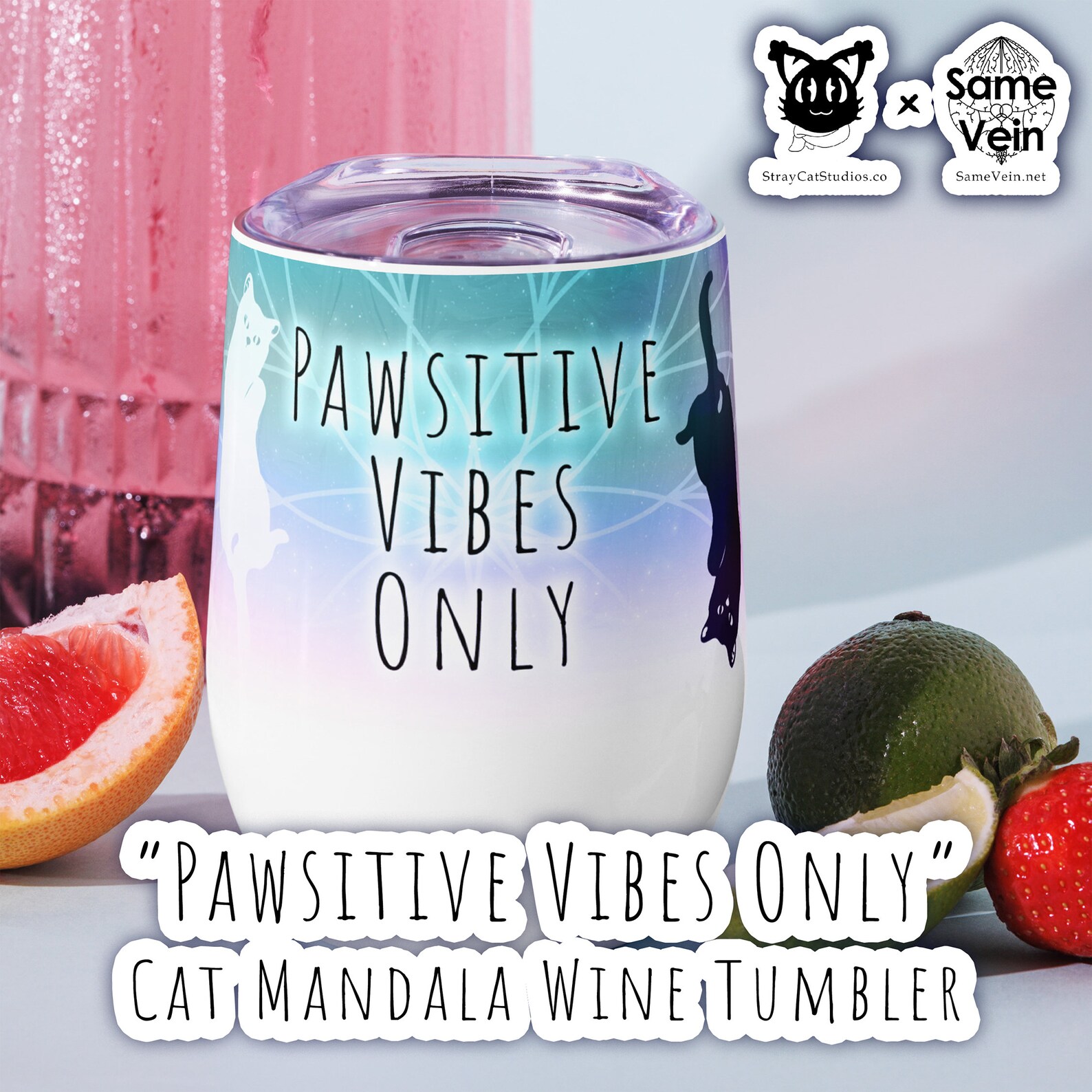 Pawsitive Vibes Only Cat Mandala Wine Tumbler 12oz Stemless Stainless ...
