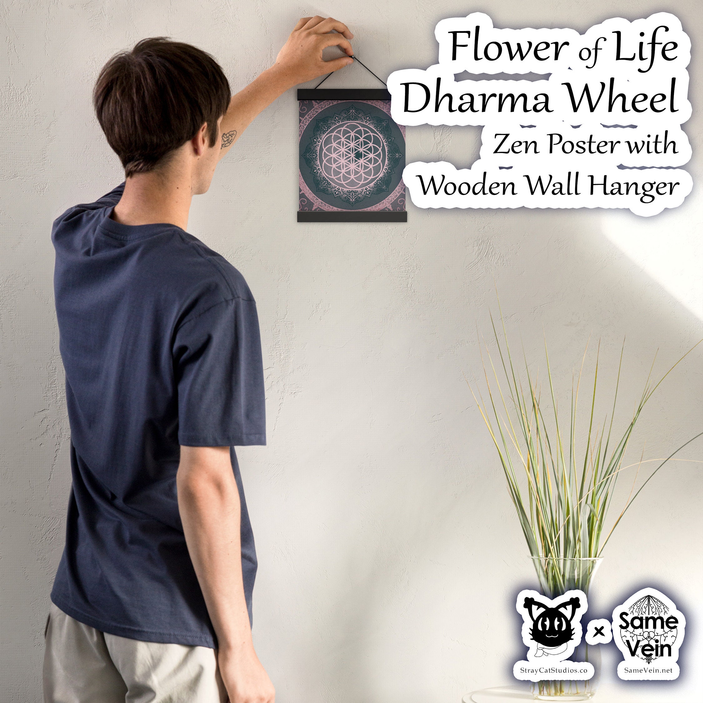 Flower of Life Dharma Wheel Zen Poster With Wooden Wall Hanger Sacred ...