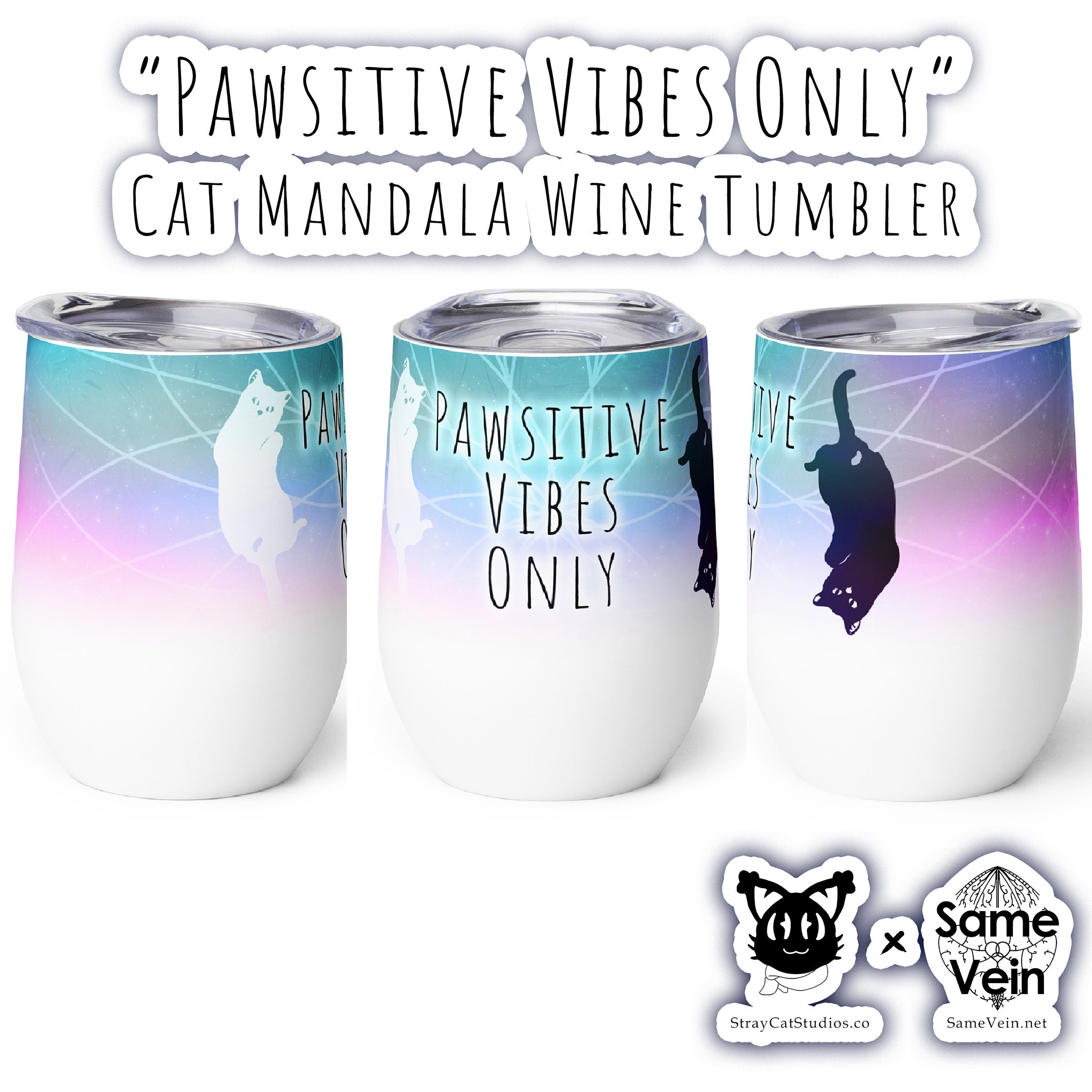 Pawsitive Vibes Only Cat Mandala Wine Tumbler 12oz Stemless Stainless ...
