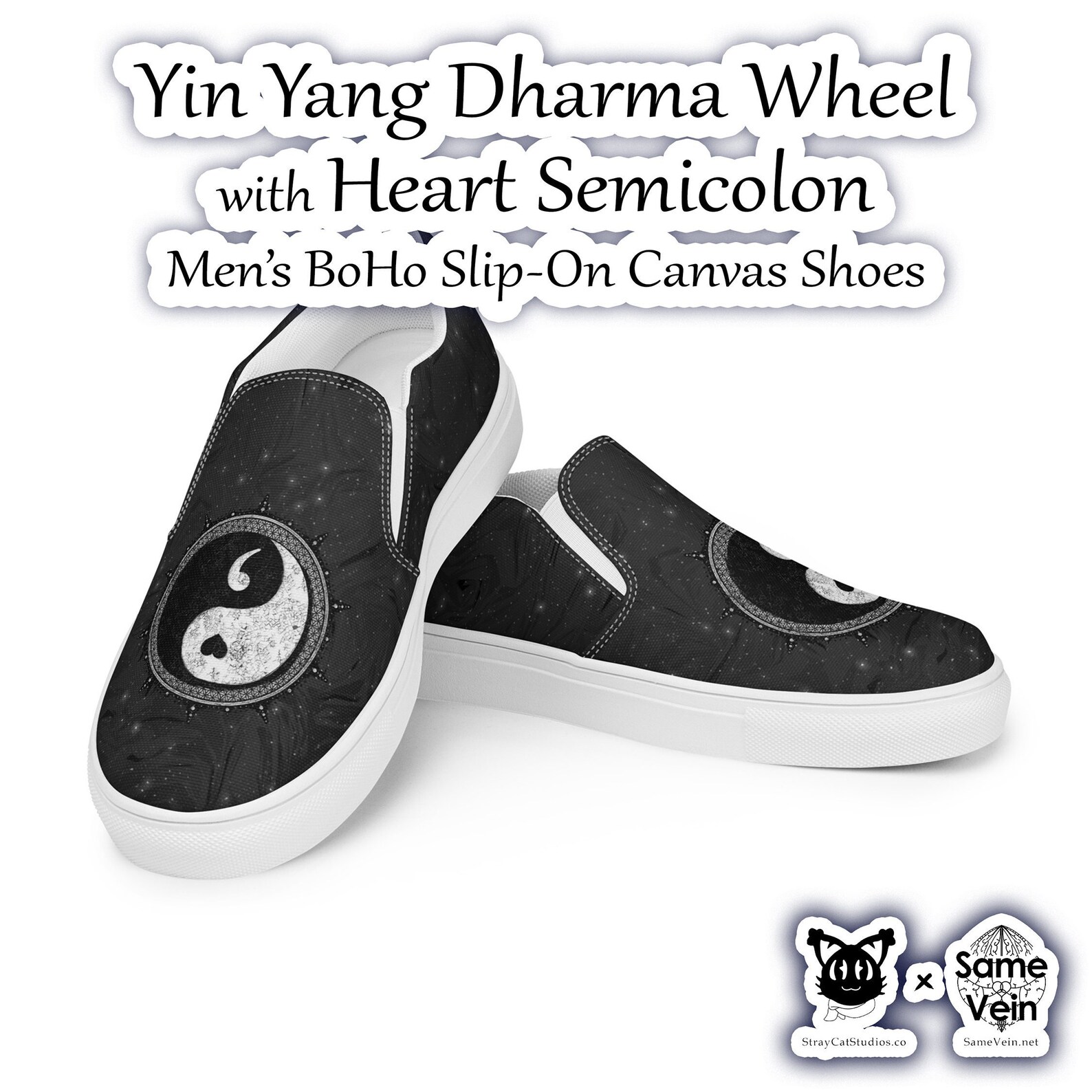 Yin Yang Dharma Wheel With Heart Semicolon Mens Boho Slip-on Canvas ...