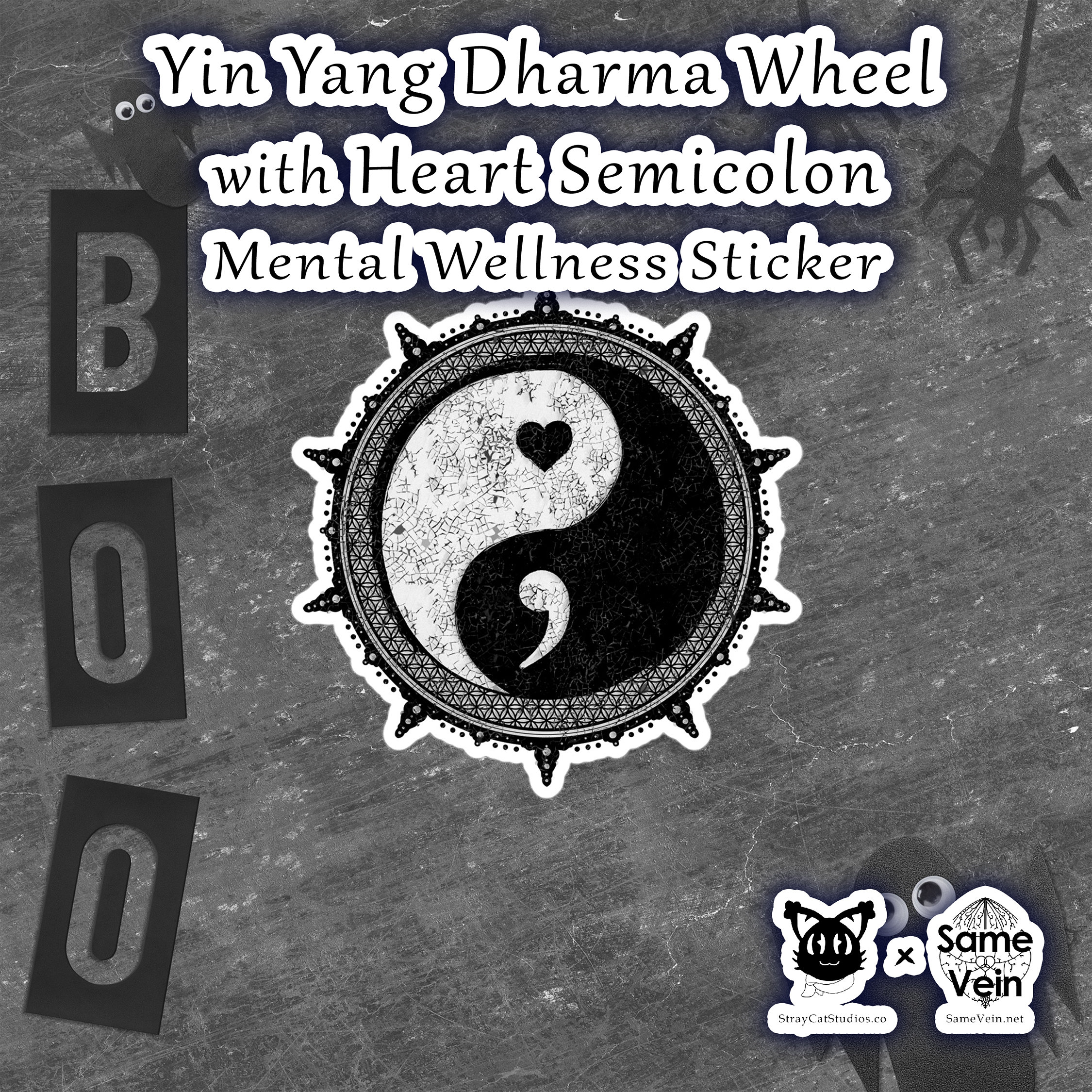 Yin Yang Dharma Wheel Heart Semicolon • Mental Wellness Sticker ...