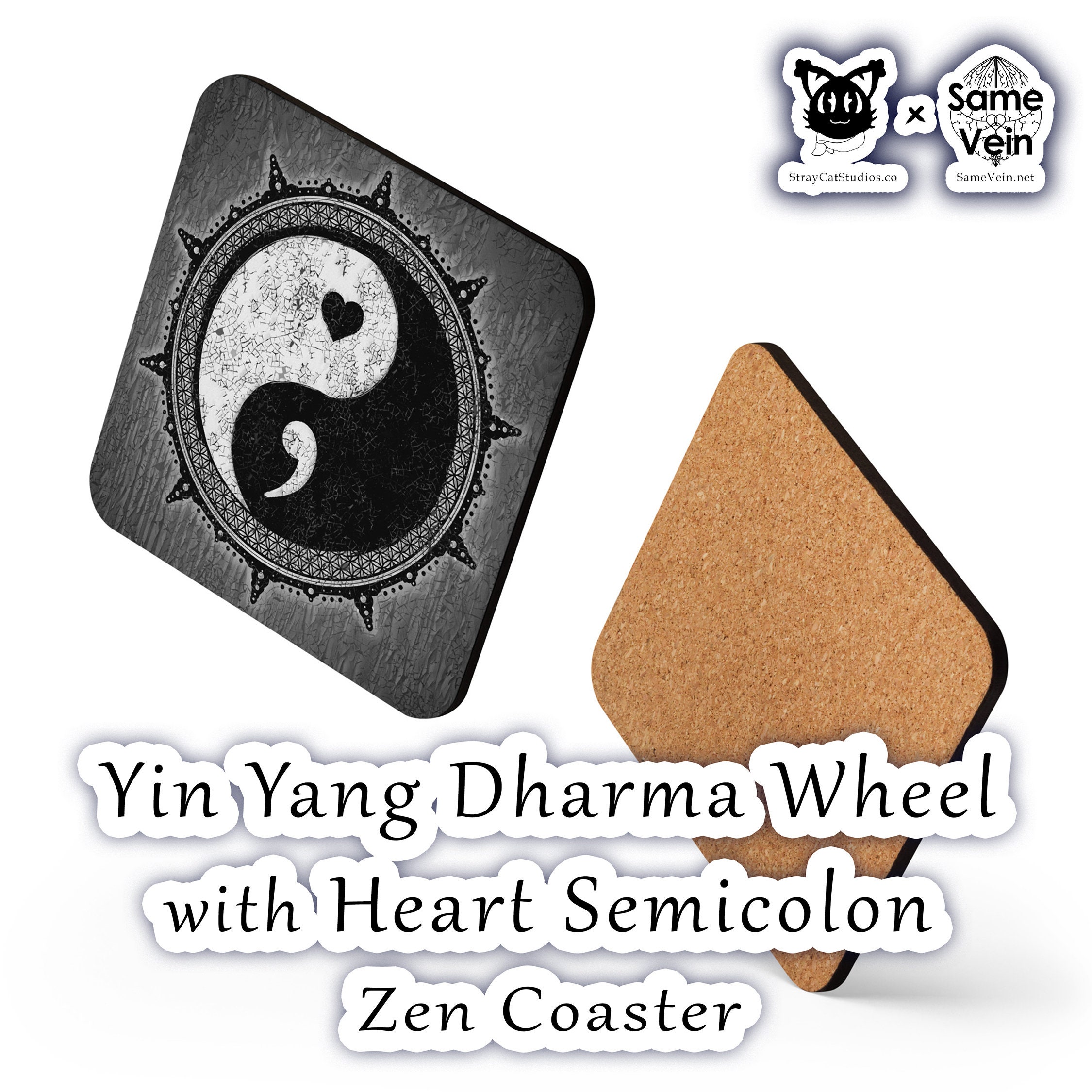Yin Yang Dharma Wheel With Heart Semicolon Zen Coaster Cork-back Boho ...