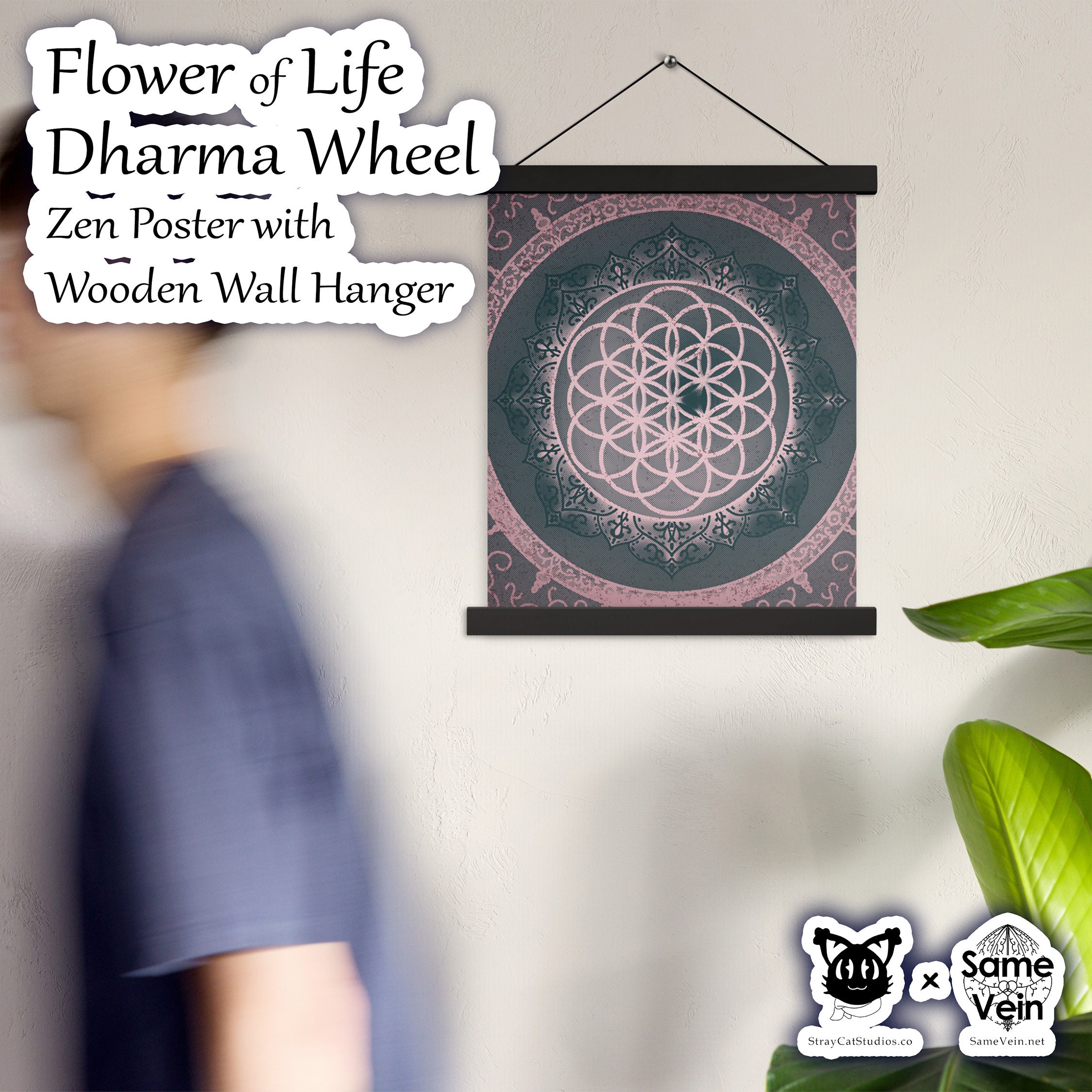 Flower of Life Dharma Wheel Zen Poster With Wooden Wall Hanger Sacred ...
