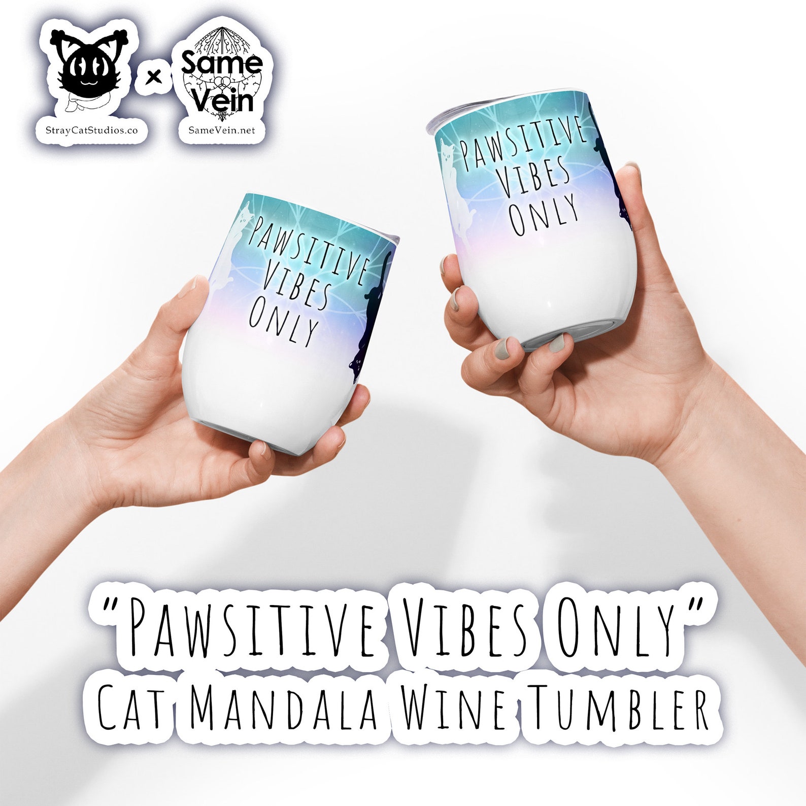 Pawsitive Vibes Only Cat Mandala Wine Tumbler 12oz Stemless Stainless ...
