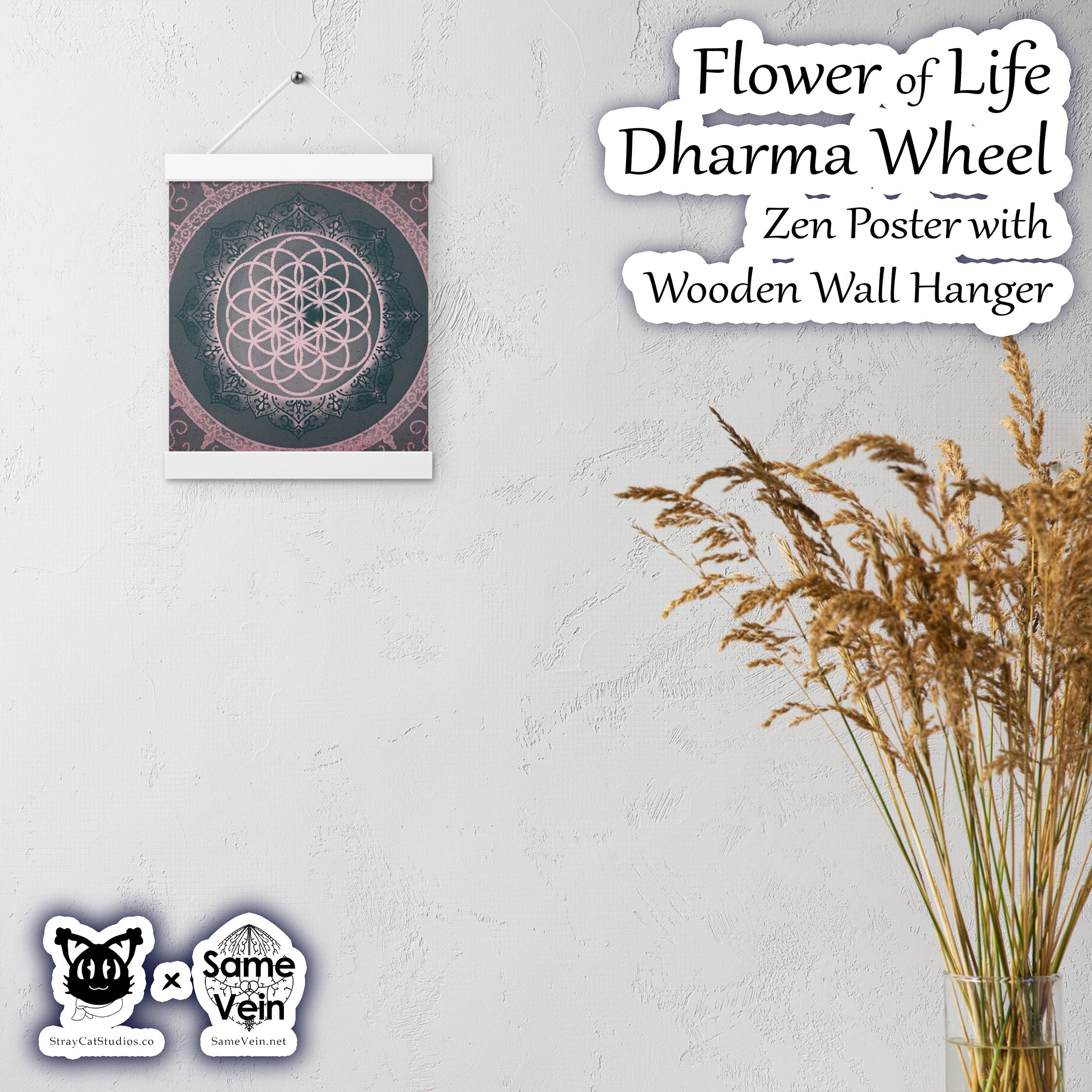 Flower of Life Dharma Wheel Zen Poster With Wooden Wall Hanger Sacred ...