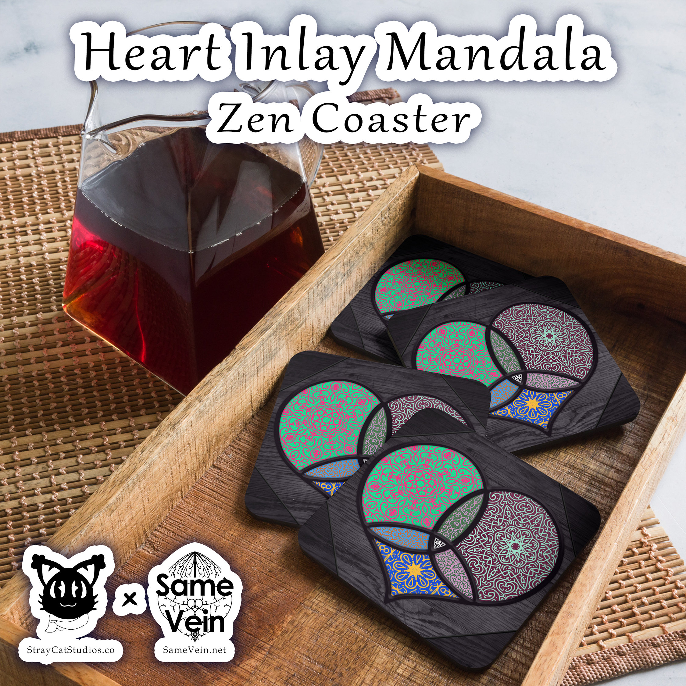 Heart Inlay Mandala Zen Coaster Cork-back Boho Art Coaster Sacred Geometry Décor Meditation ...