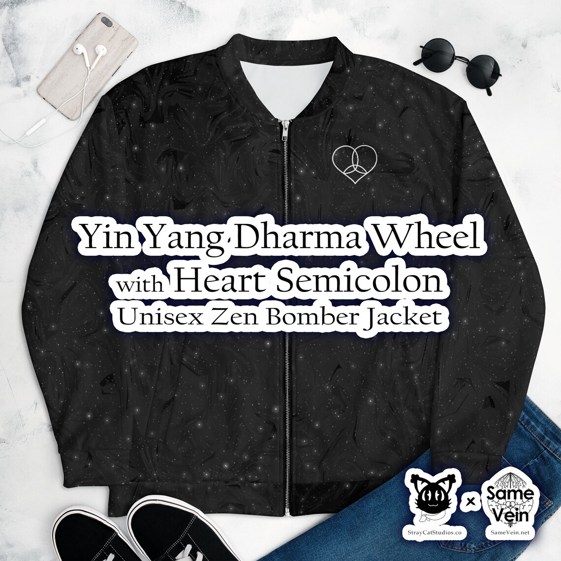 Yin Yang Dharma Wheel Heart Semicolon Unisex Zen Bomber Jacket Boho ...