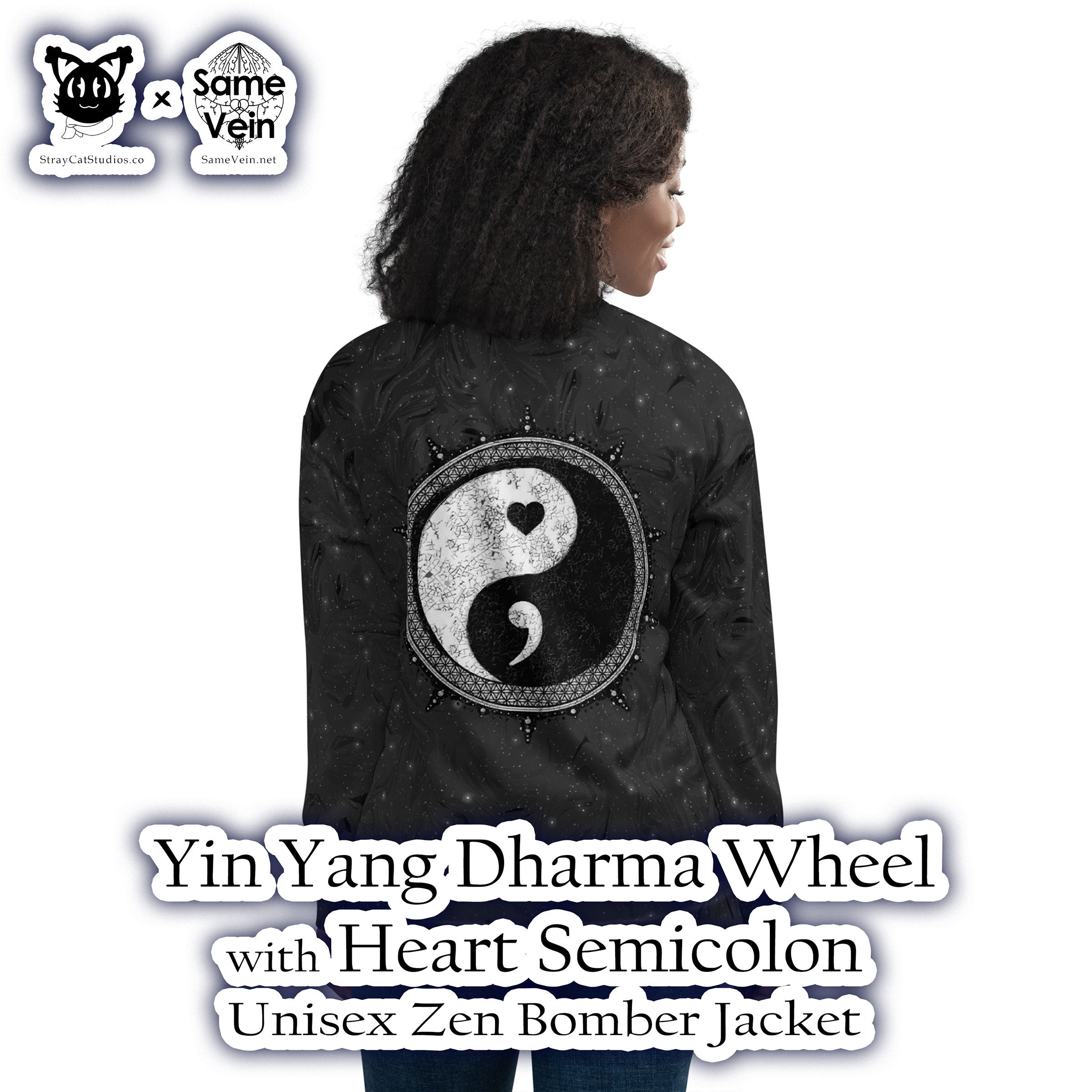 Yin Yang Dharma Wheel Heart Semicolon Unisex Zen Bomber Jacket Boho ...